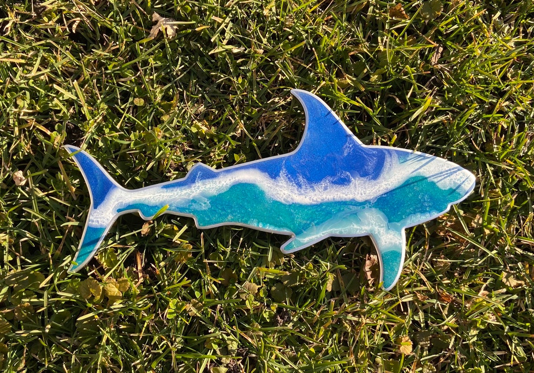 Shark Ocean Waves Beach Inspired Blue Aqua White Epoxy Resin Art Wood ...