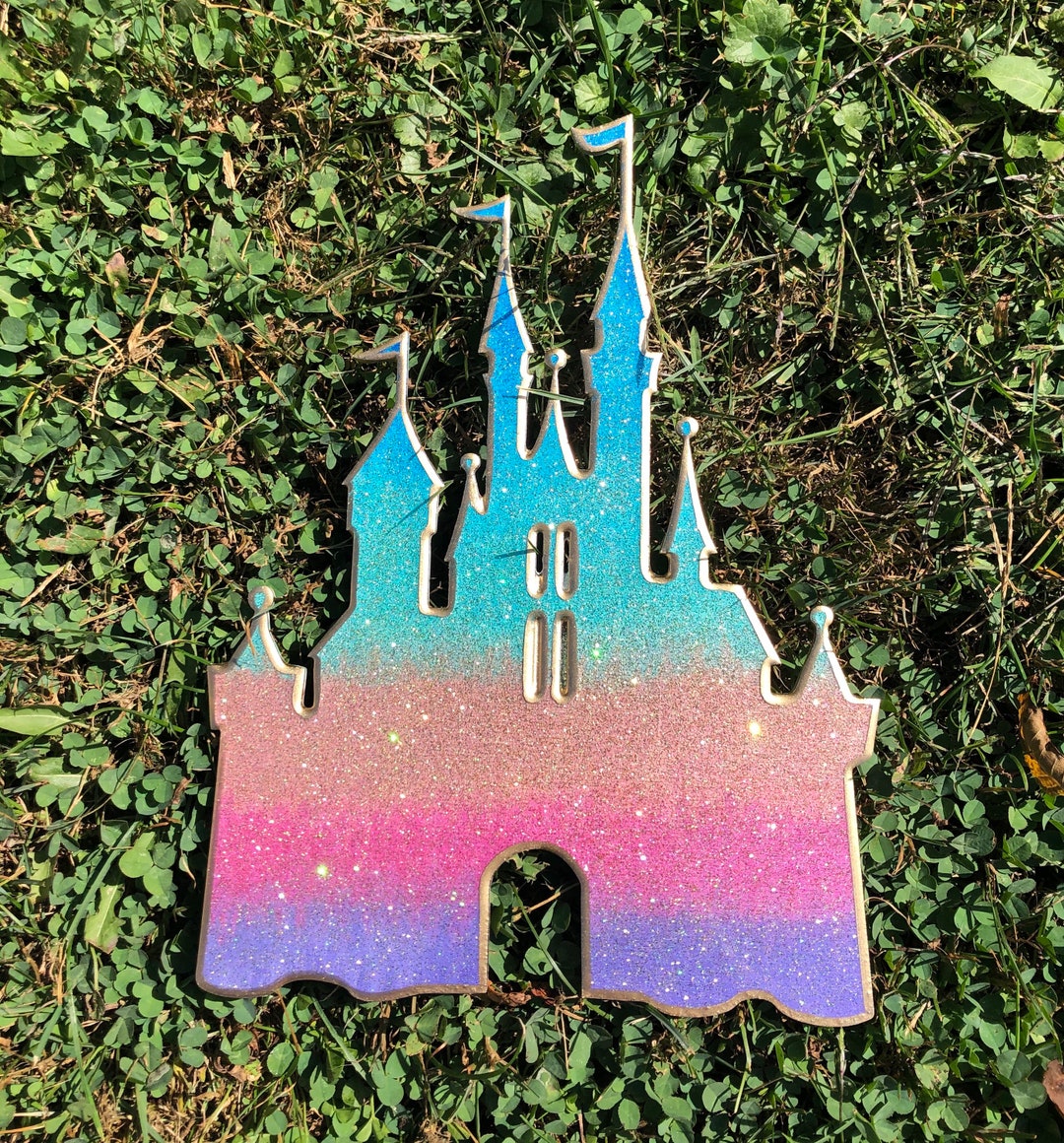 Princess Castle Hand Painted Rainbow Gold Glitter Epoxy Resin Wood Wall ...