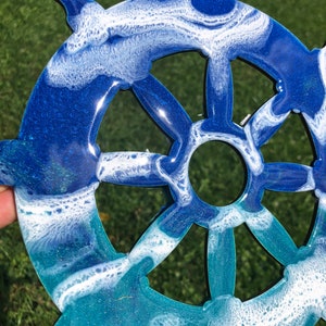 Ship Wheel Ocean Waves Beach Inspired Blue Aqua White Epoxy Resin Art ...