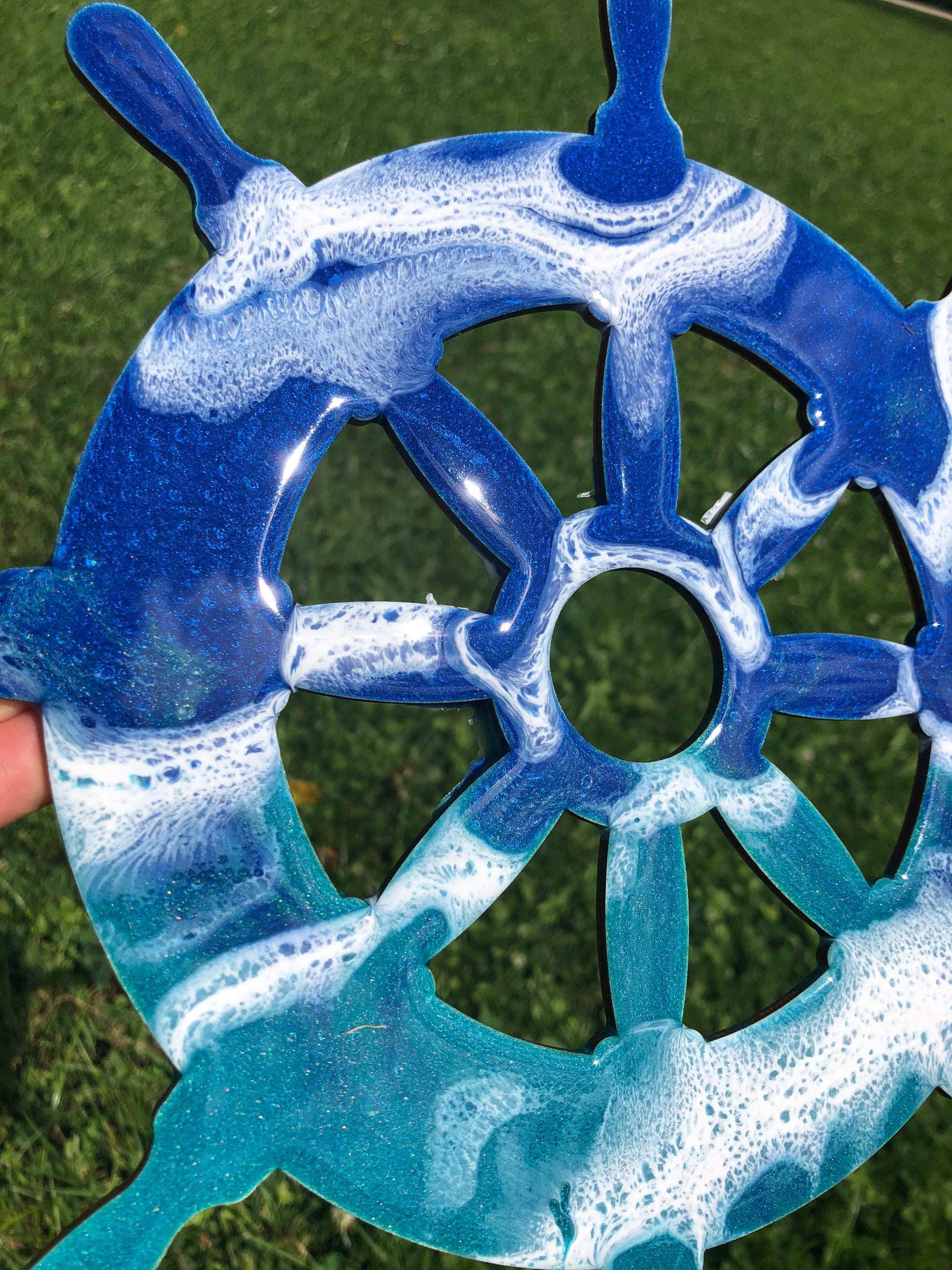 Ship Wheel Ocean Waves Beach Inspired Blue Aqua White Epoxy | Etsy