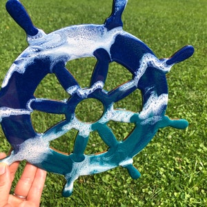 Ship Wheel Ocean Waves Beach Inspired Blue Aqua White Epoxy Resin Art ...