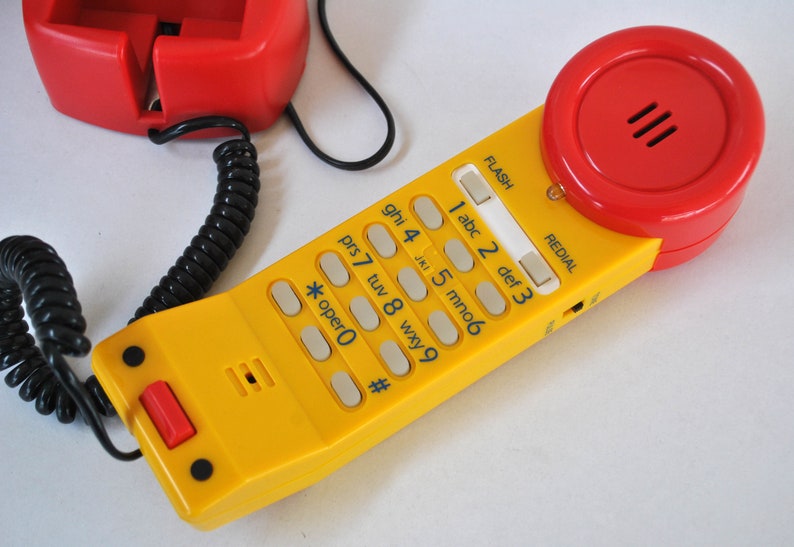 Memphis 90s 80s Yellow Red Push Button Vintage Phone Desk Organizer Mod ...