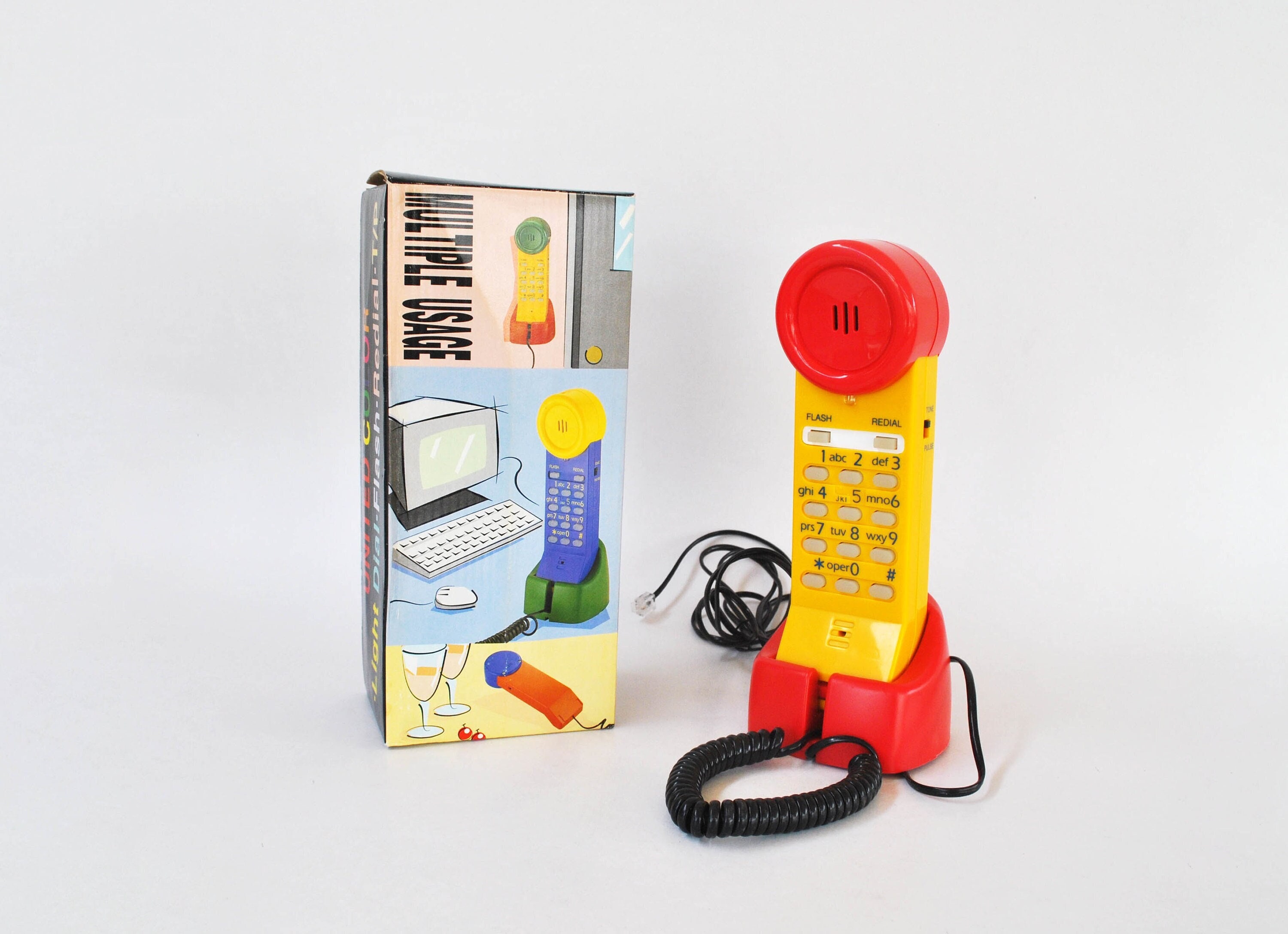 Memphis 90s 80s Yellow Red Push Button Vintage Phone Desk Organizer Mod ...