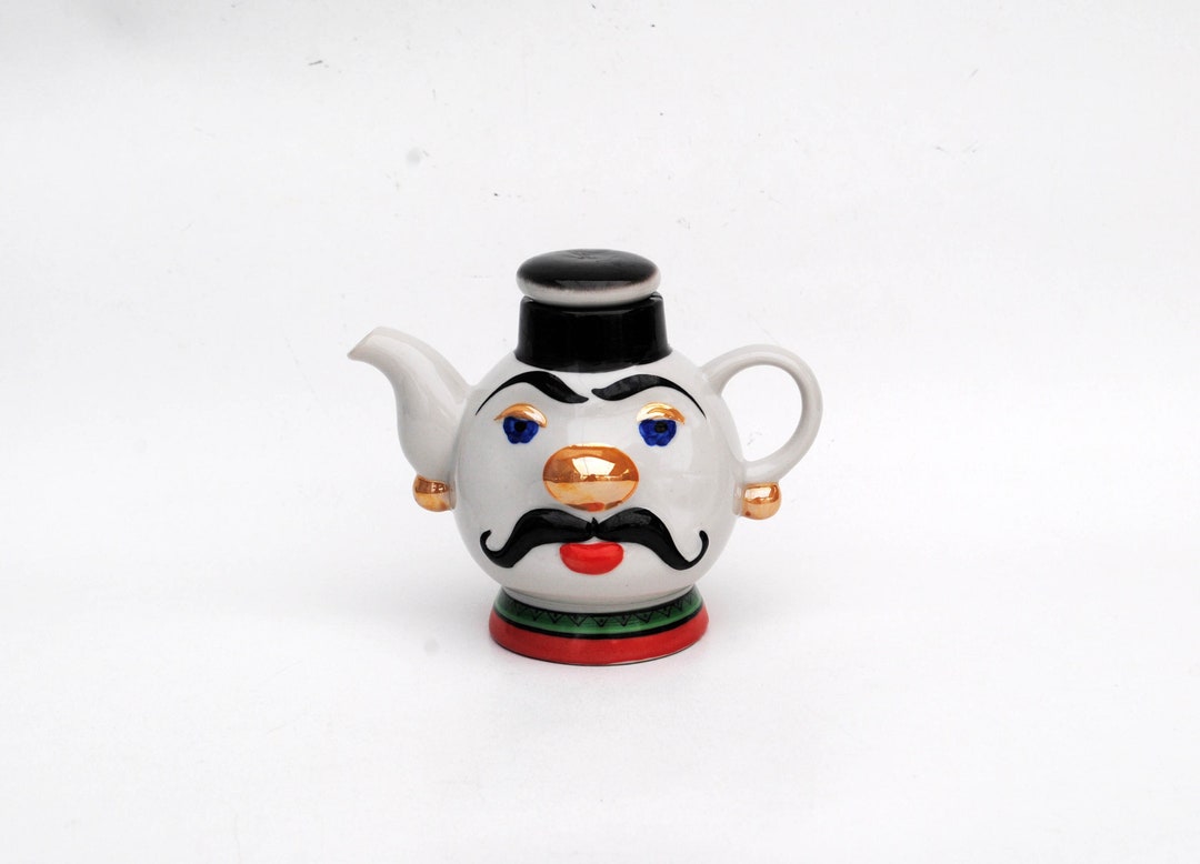 Vintage Cossack Teapot Gift Teapot White Black Carved Face Shaped ...