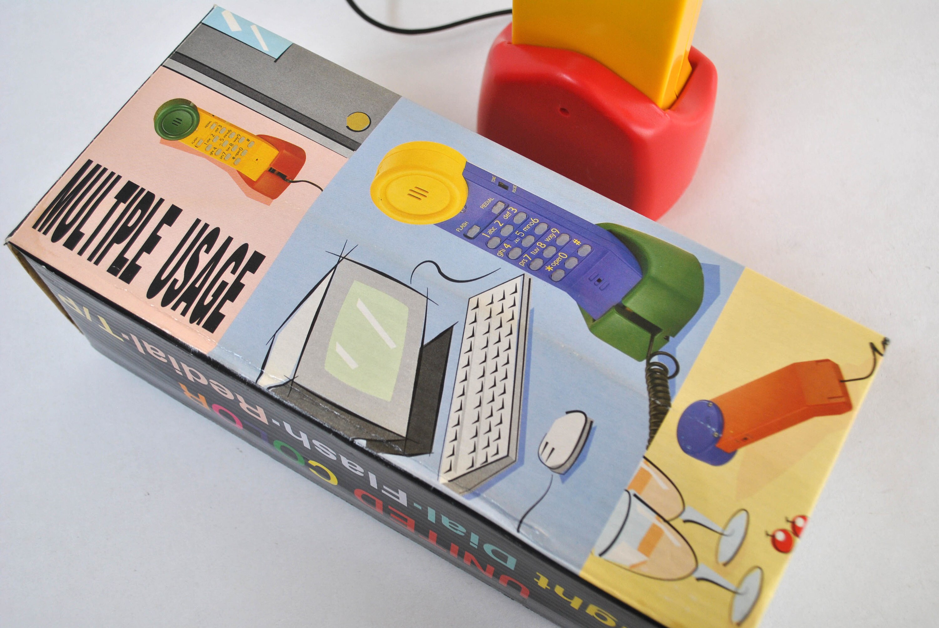 Memphis 90s 80s Yellow Red Push Button Vintage Phone Desk Organizer Mod ...