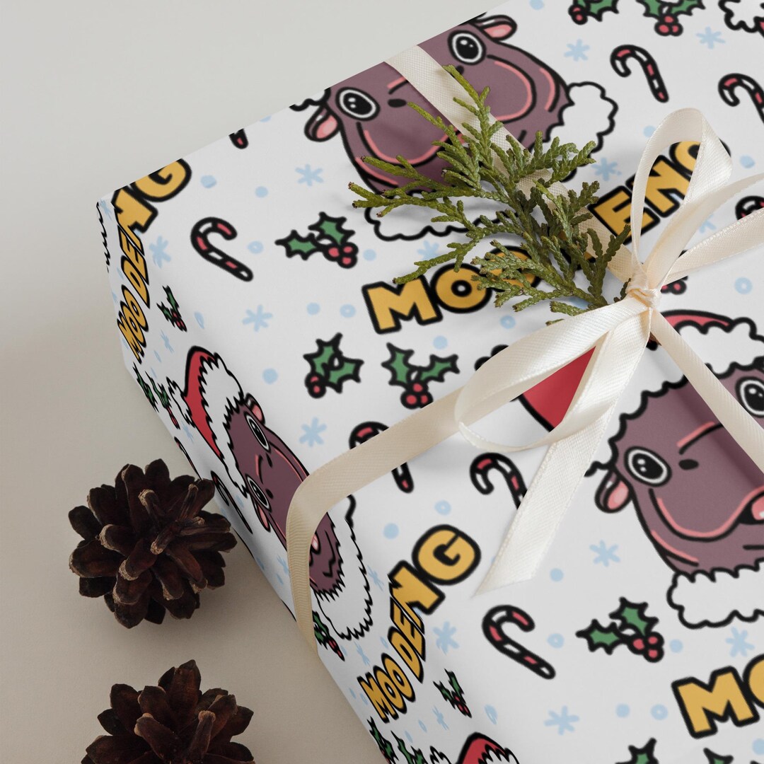 Moo Deng Christmas Meme Gift Wrap Funny Holiday Wrapping Paper Hippo ...