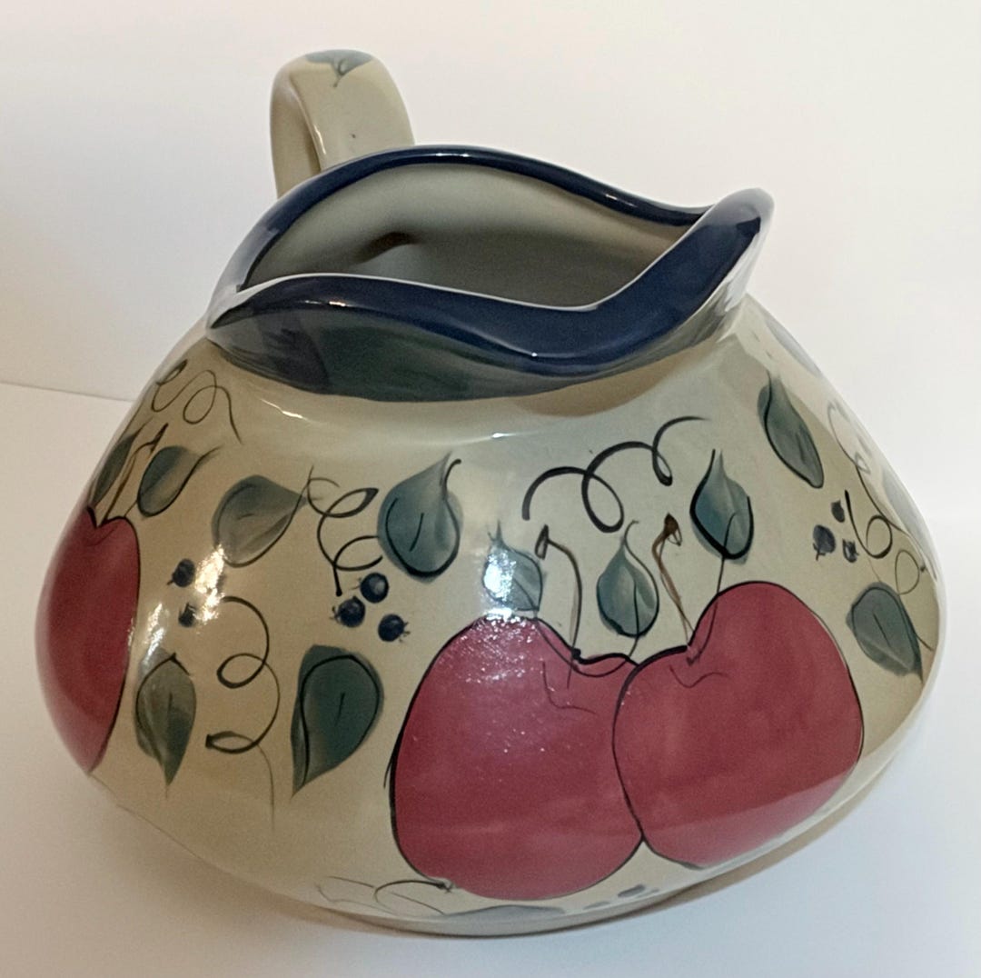 Vintage Heatherstone Art Pottery Pitcher - Hand Painted Apple & Berry ...