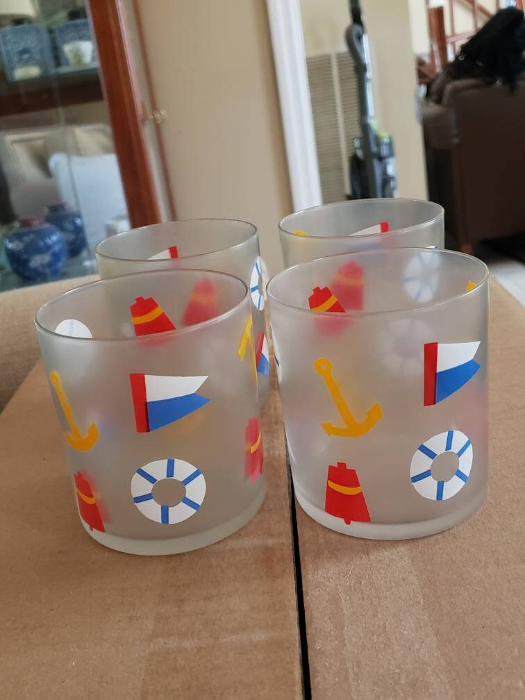 Set of 4 Nautical Frosted Rocks Glasses in Red Yellow Blue - Etsy