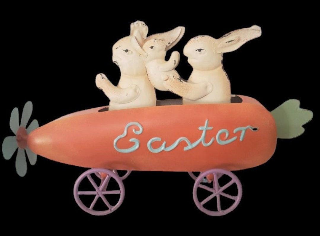Precious Metal Easter Decor Easter Bunnies in Carrot Car Primitive ...