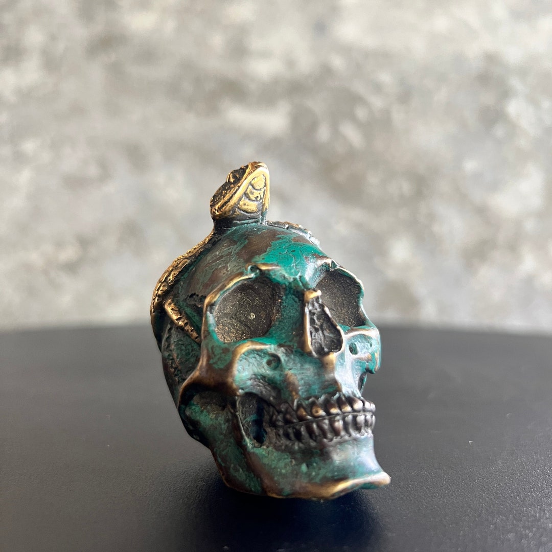 Green Bronze Skull Statuette With Snake, Handmade Patinated Skull ...