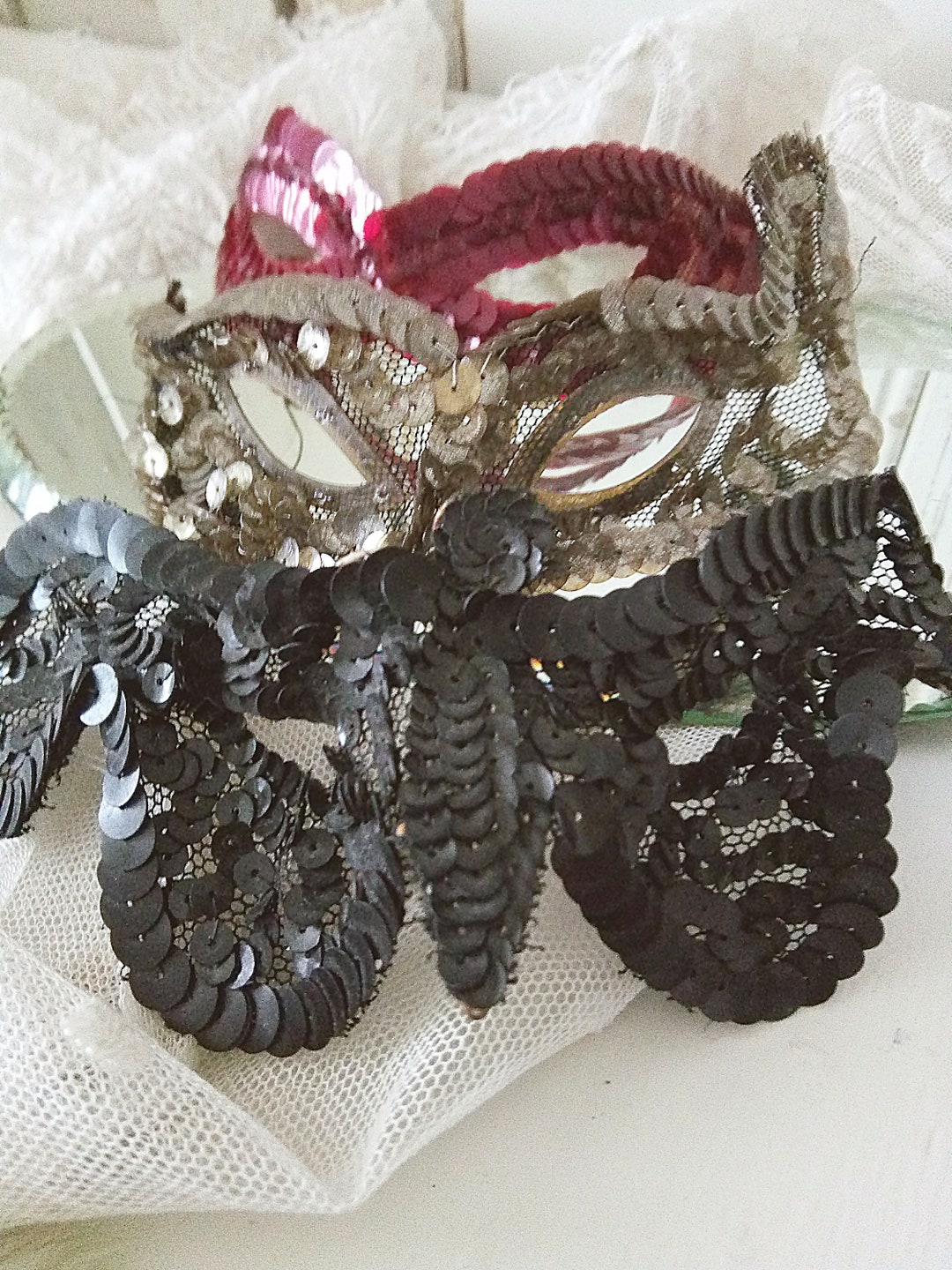 Lovely Collection...3 Antique Eye Masks, 20s, Sequin Masks, Lace Masks ...