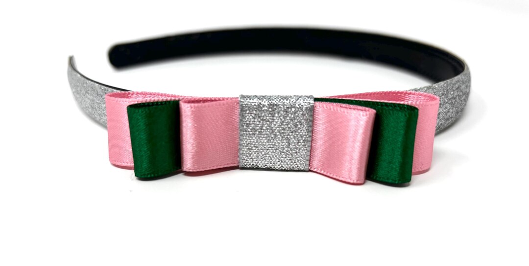Glitter Silver, Pink & Green Bow Headband Emerald and Rose Satin Hair ...