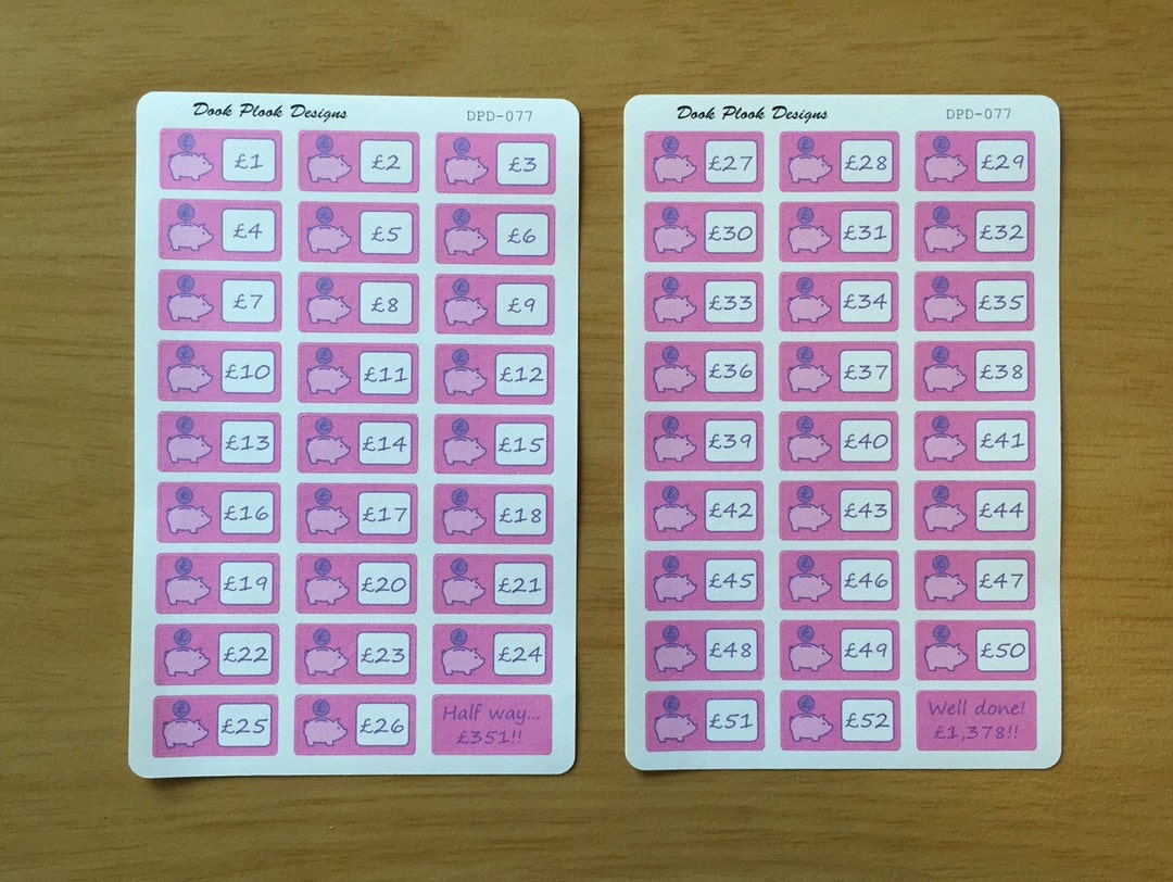 Prefilled 52 Week Money Challenge Stickers for Various Planners ...