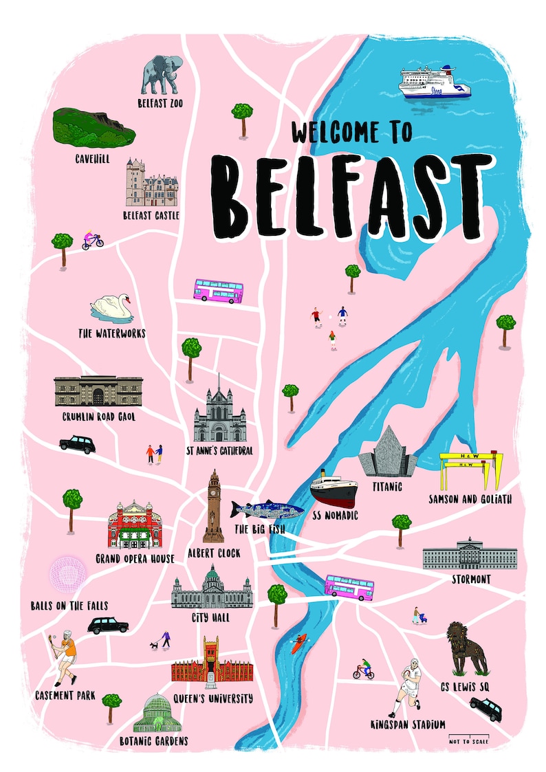 Belfast City Béal Feirste Illustrated Map Northern Ireland - Etsy UK