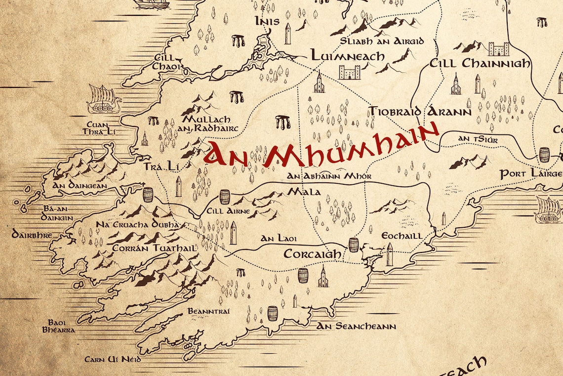 Ireland Map Fantasy Style Map of Ireland Irish Language Gaelic Ulster ...