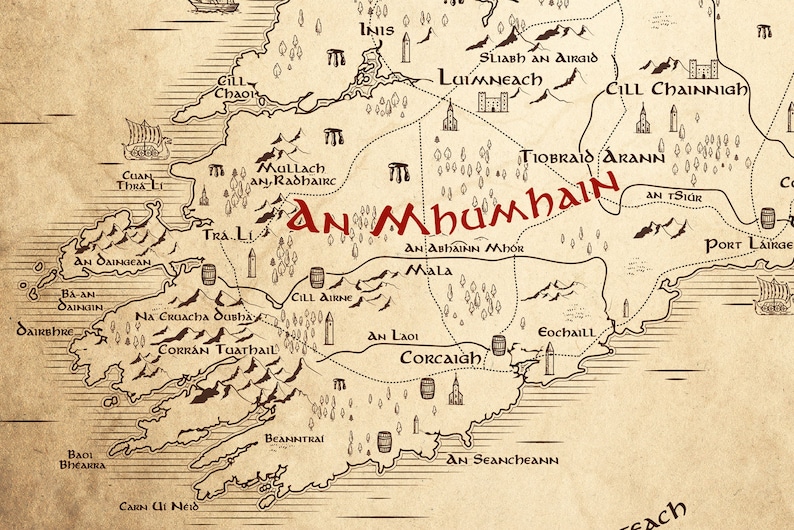Ireland Map Fantasy Style Map of Ireland Irish Language Gaelic Ulster ...