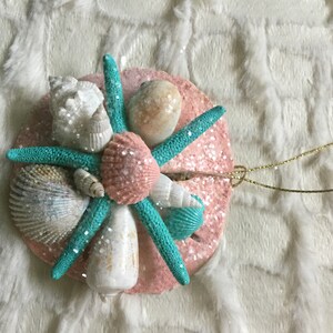 Coral and Turquoise Seashell Sand Dollar Ornament, Beach Wedding Favor ...