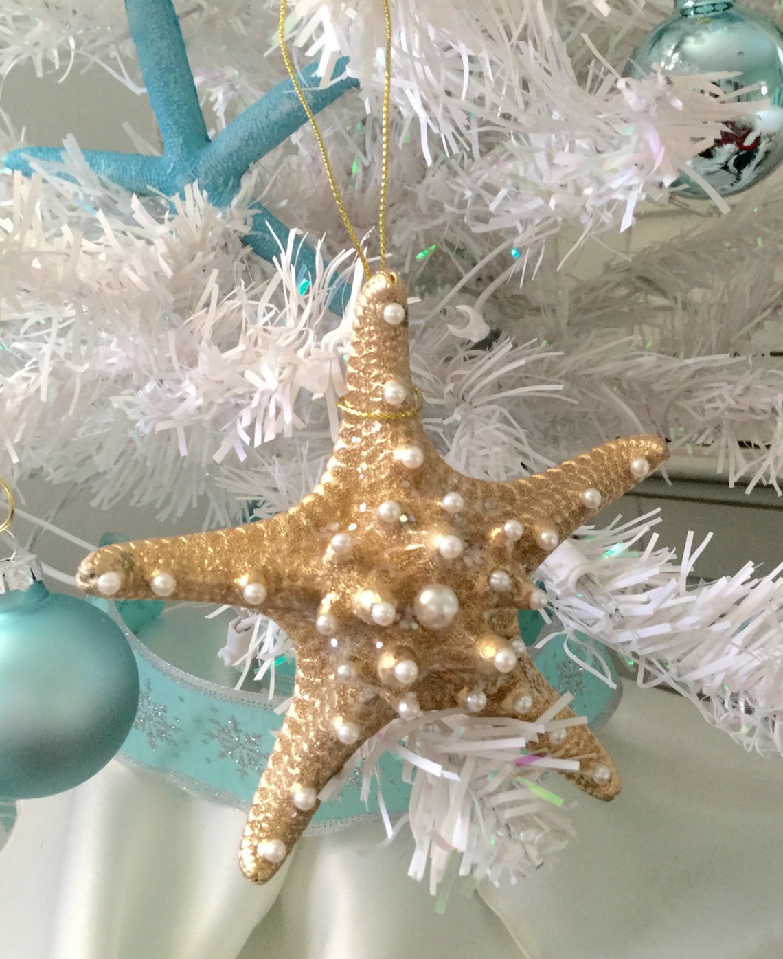 Gold and Pearl Nobbly Starfish Sea Shell Christmas Ornament W ...
