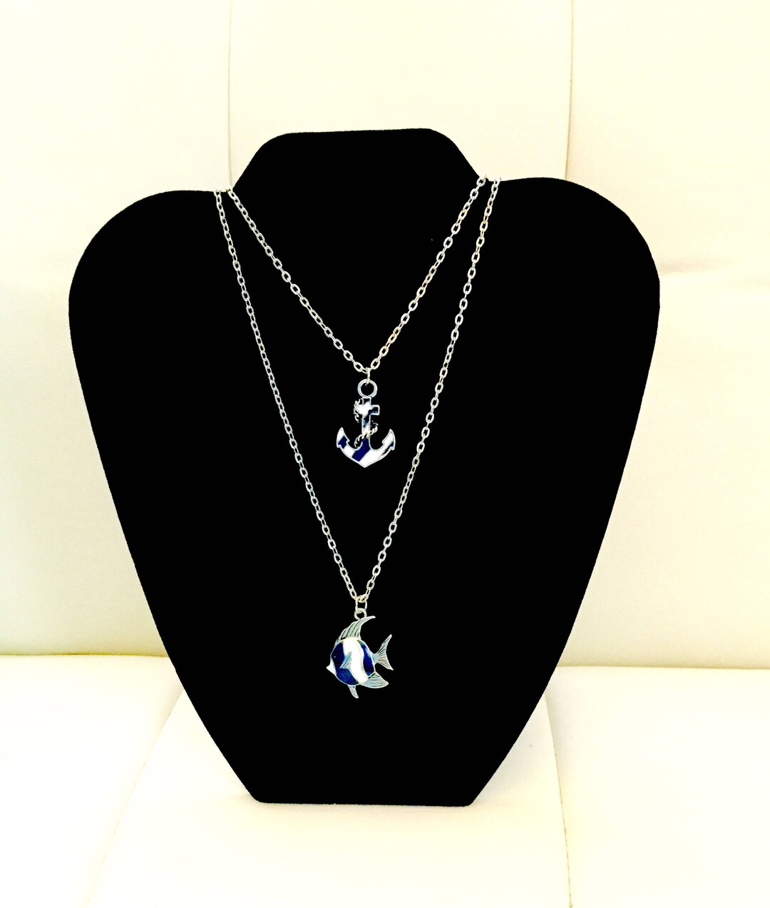 Anchor & Fish Nautical Double Chain Necklace. Layered Necklace. Sea ...