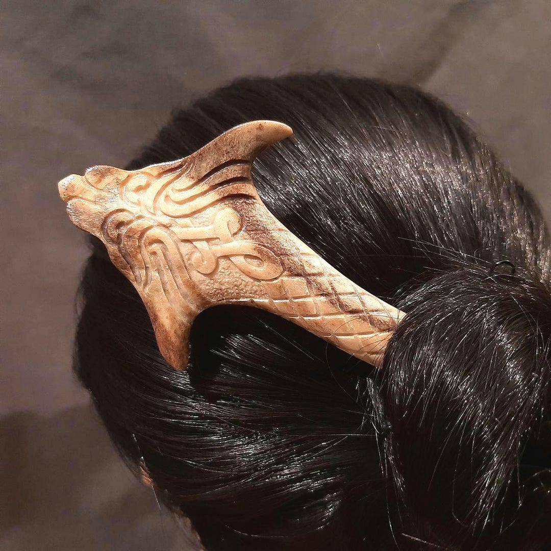 Dragon Hair Pin/ Carved Deer Antler Hair Fork Comb/ Celtic Gothic ...