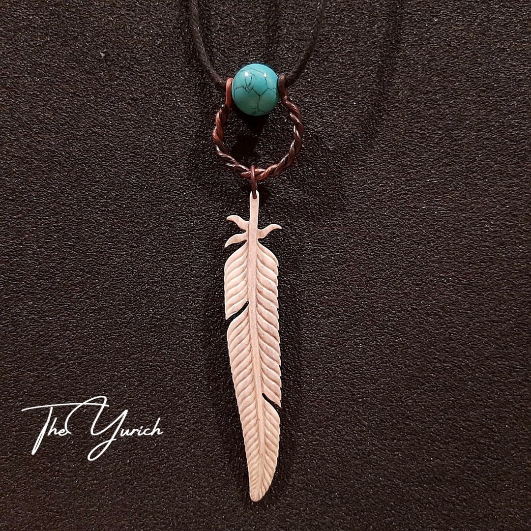 Feather Charm Necklace- Unisex Pendant Amulet Talisman- Carved Deer ...