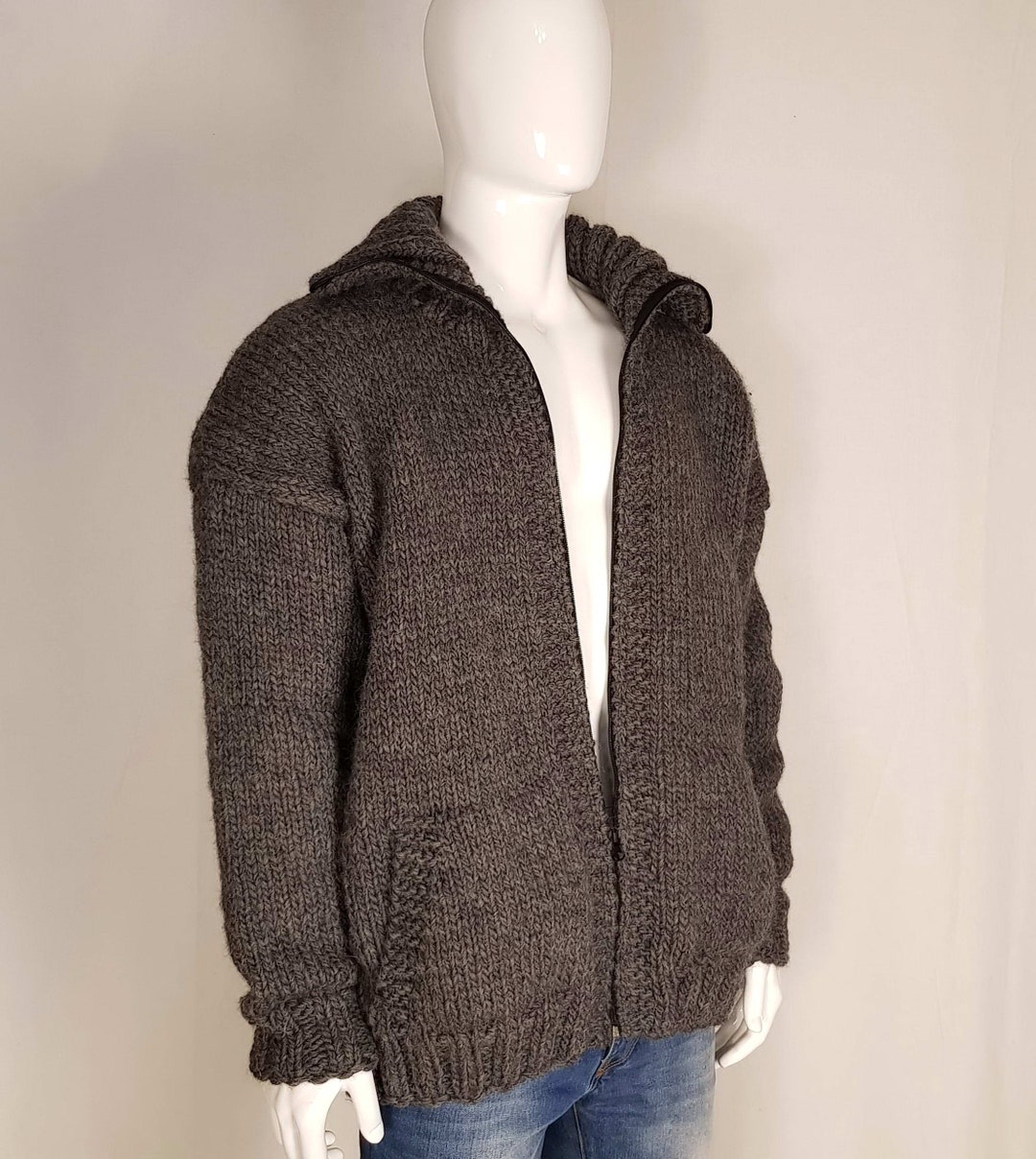 Hand Knitted 100% WOOL Vest, Jacket With Zipper Mens Woolen Sweater ...