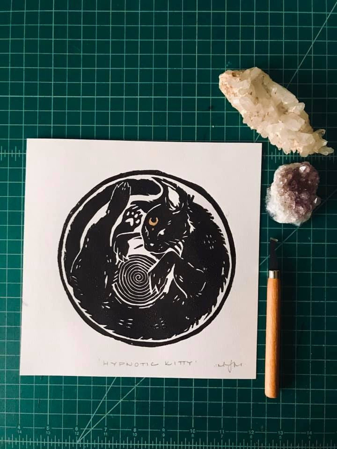 Linocut Print Witchy Black Cat - Grunge, Spooky, Goth, Witch Handmade ...