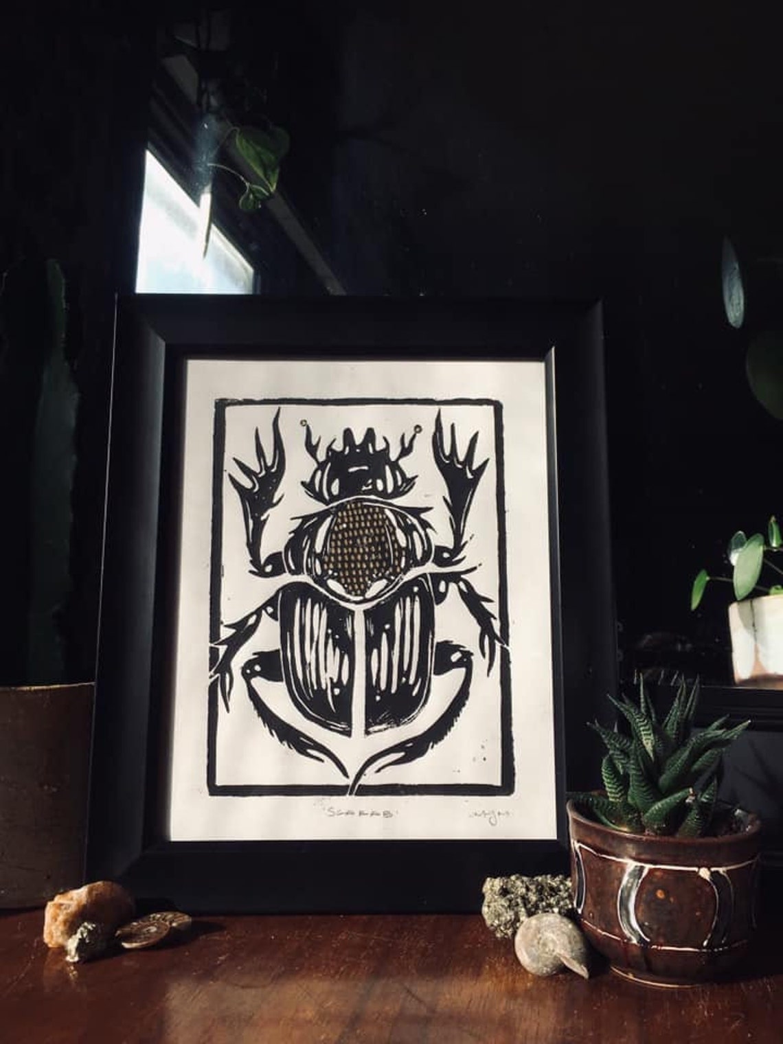 Linocut Print Scarab Beetle Insect, Entomology, Bugs, Bohemian, Gold ...