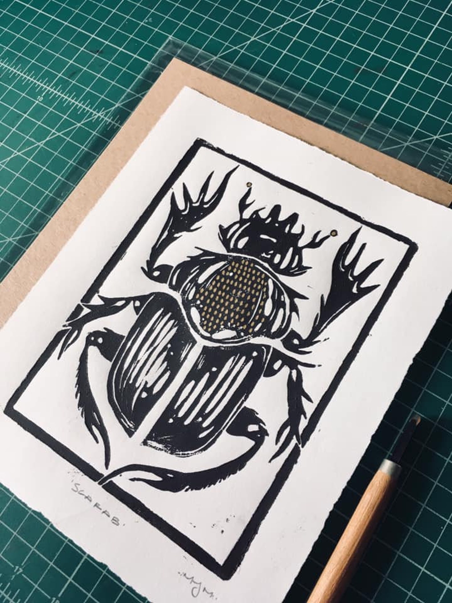Linocut Print Insect Scarab Beetle With Gold Leaf Accents, Entomology ...