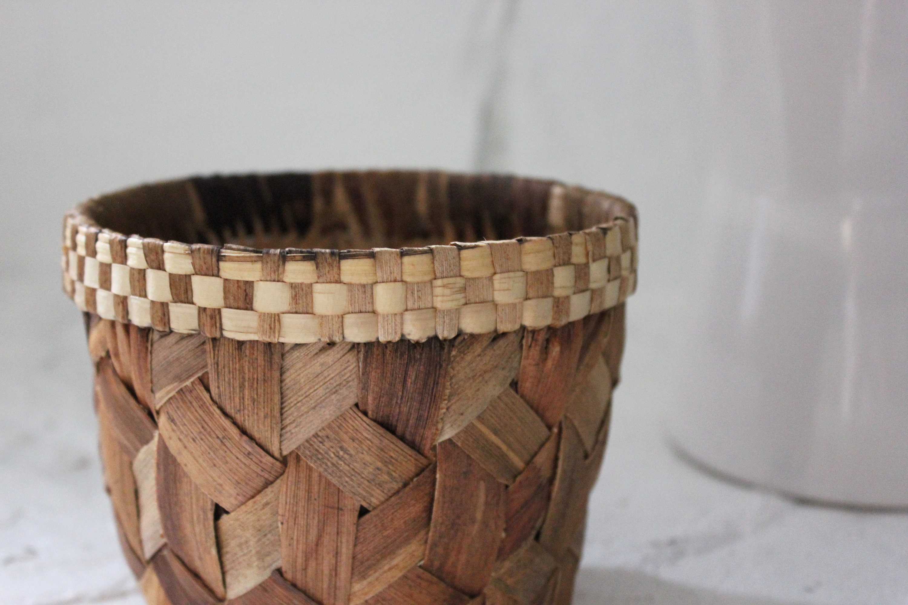 Vintage Woven Rattan Geo Patterned Planter Basket