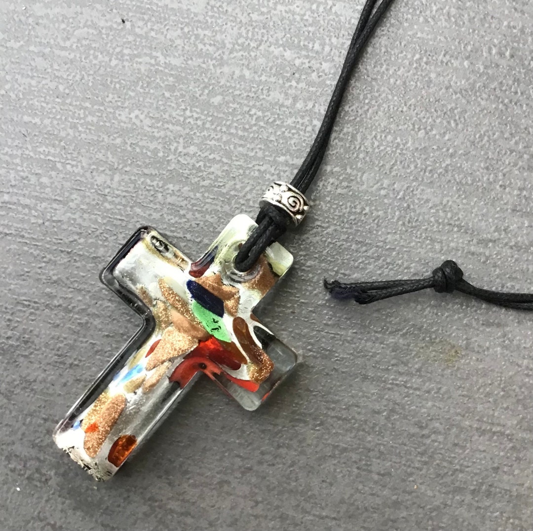 Murano Glass Cross Pendant Necklace, Silver Foil Celtic Bead, Irish ...