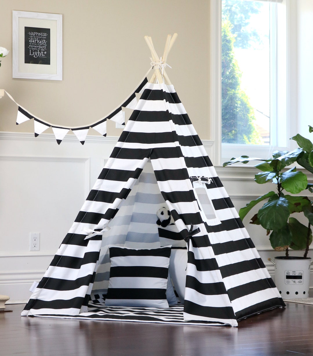 Black Stripe Teepee Package With Poles, LED Light, Flags Banner and ...