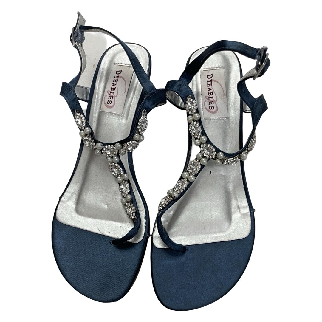 Vintage Jewel Trim Sandals, Blue Low Wedge Sandals, Dressy Navy Blue ...