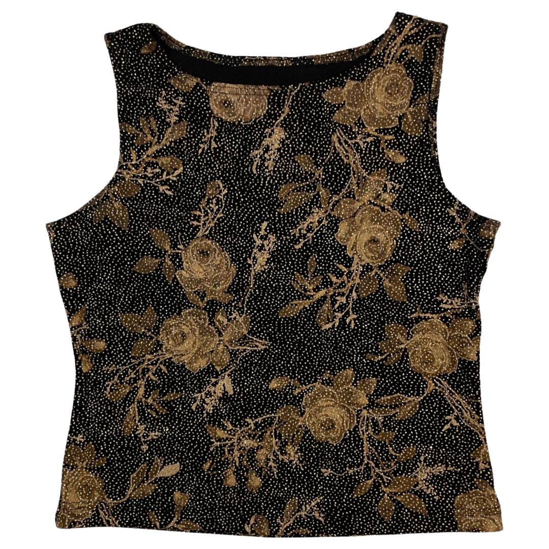 Vintage Rose Print Top, Sparkly Brown & Beige Stretch Sleeveless Top ...