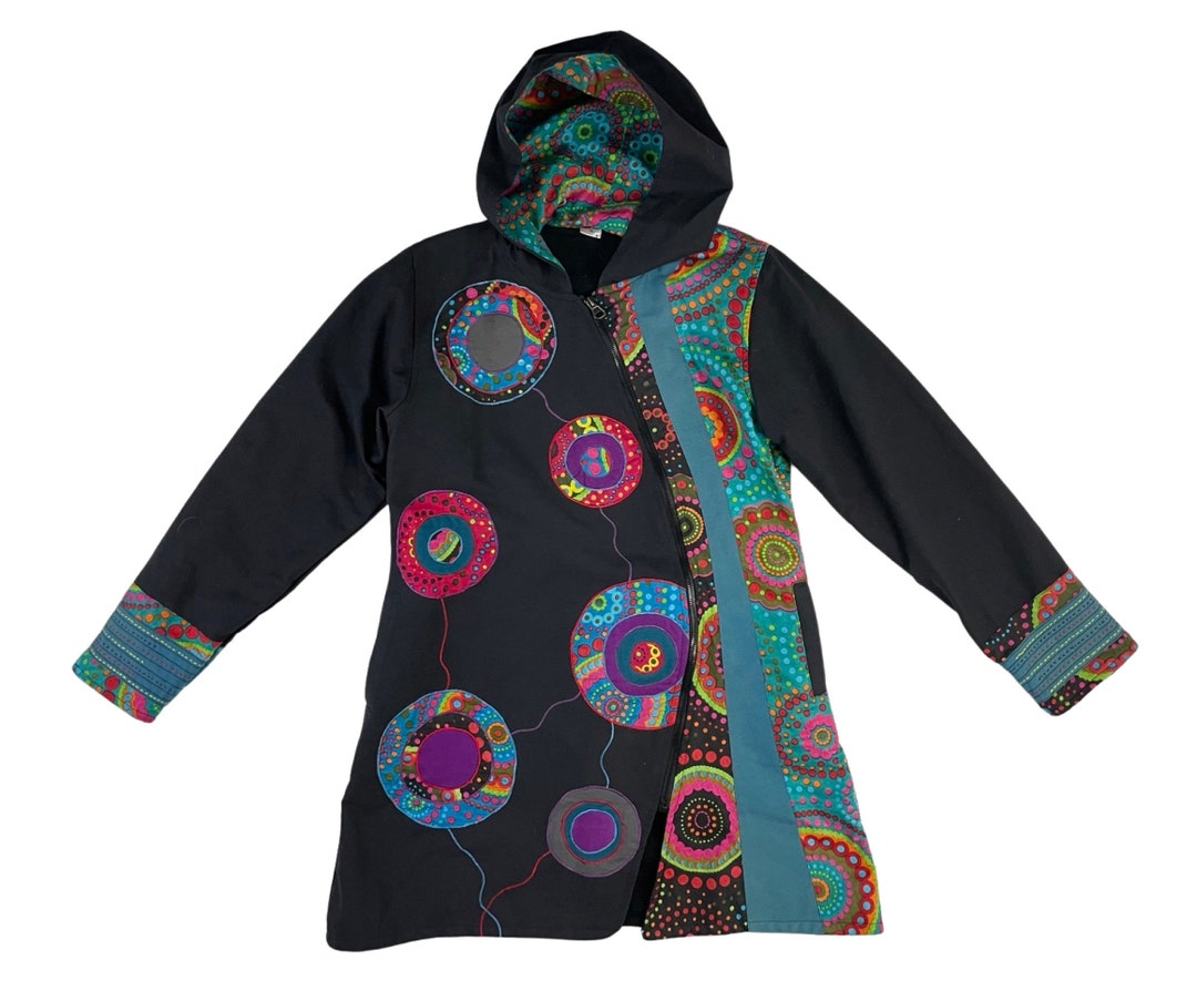 Vintage Print Cotton Jacket, Abstract Print Zip Long Jacket, Fleece ...