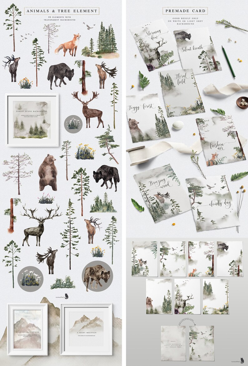 Into the Wild-watercolor Graphic Collection-animals, Trees & Mountain ...