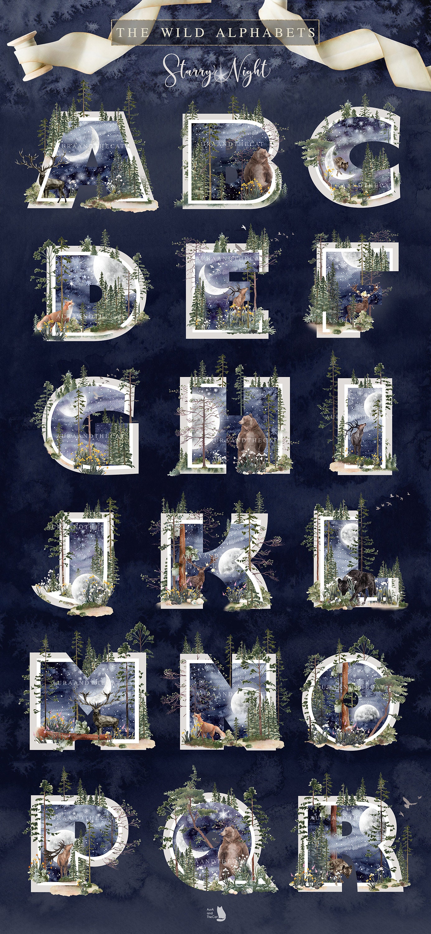 Into the Wild the Wild Alphabets Starry Night-watercolor Alphabets-moon ...