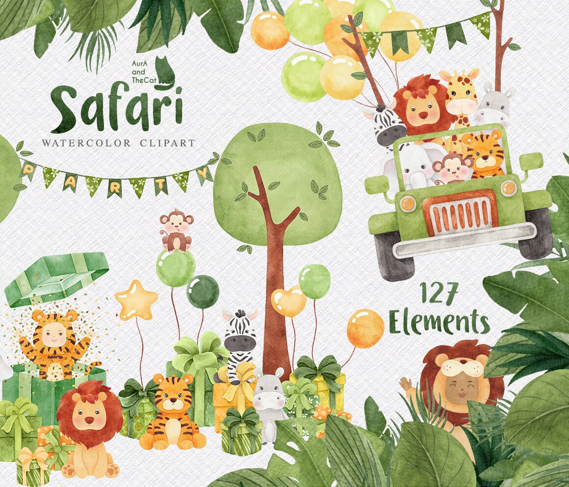 Safari Elements Watercolor Clipart, Jungle Watercolor Clip Art, Safari ...