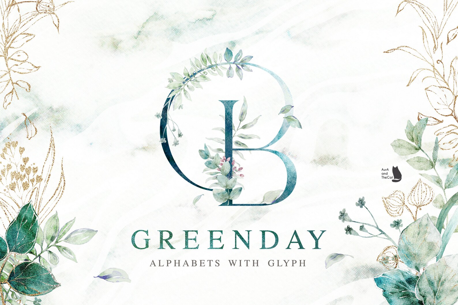 Green Day Alphabet With Glyph Watercolor Clipart Foliate - Etsy