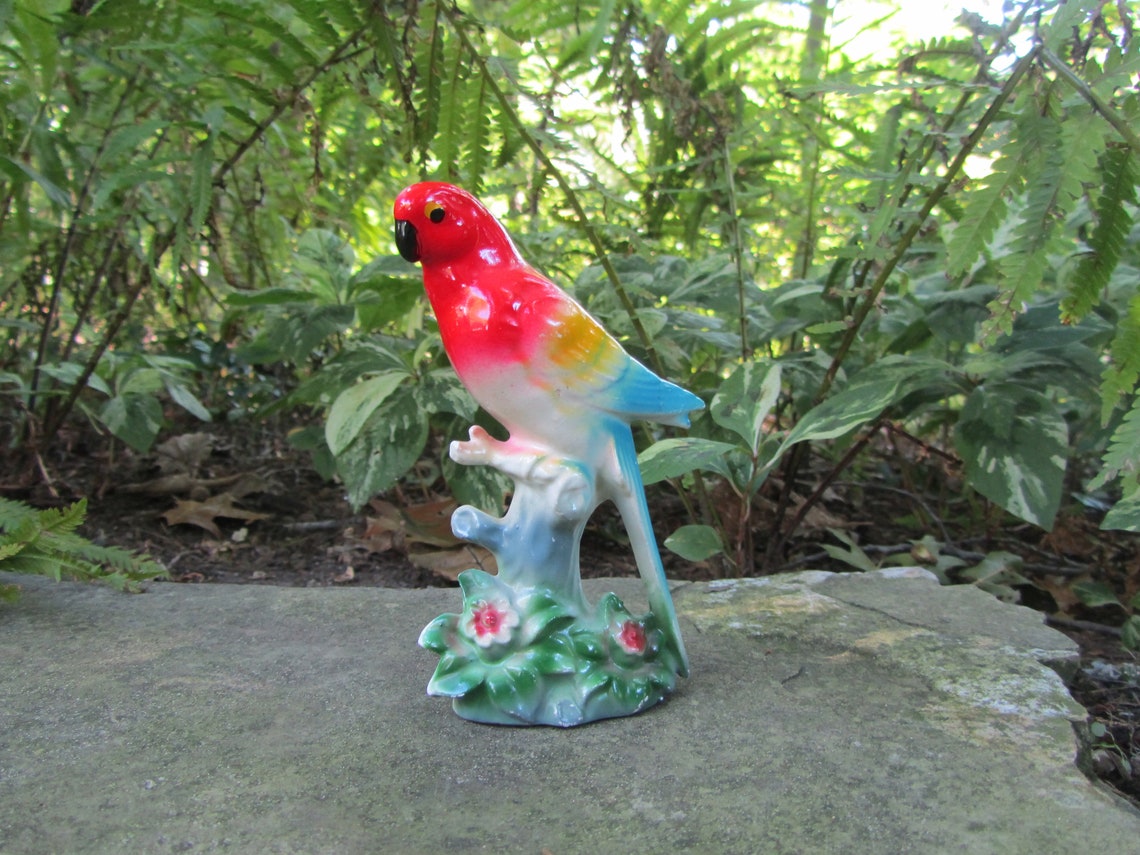 Vintage Parakeet Figurine Ceramic Red Head Bird on Flower - Etsy