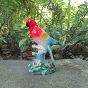 Vintage Parakeet Figurine Ceramic Red Head Bird on Flower Branch Japan ...