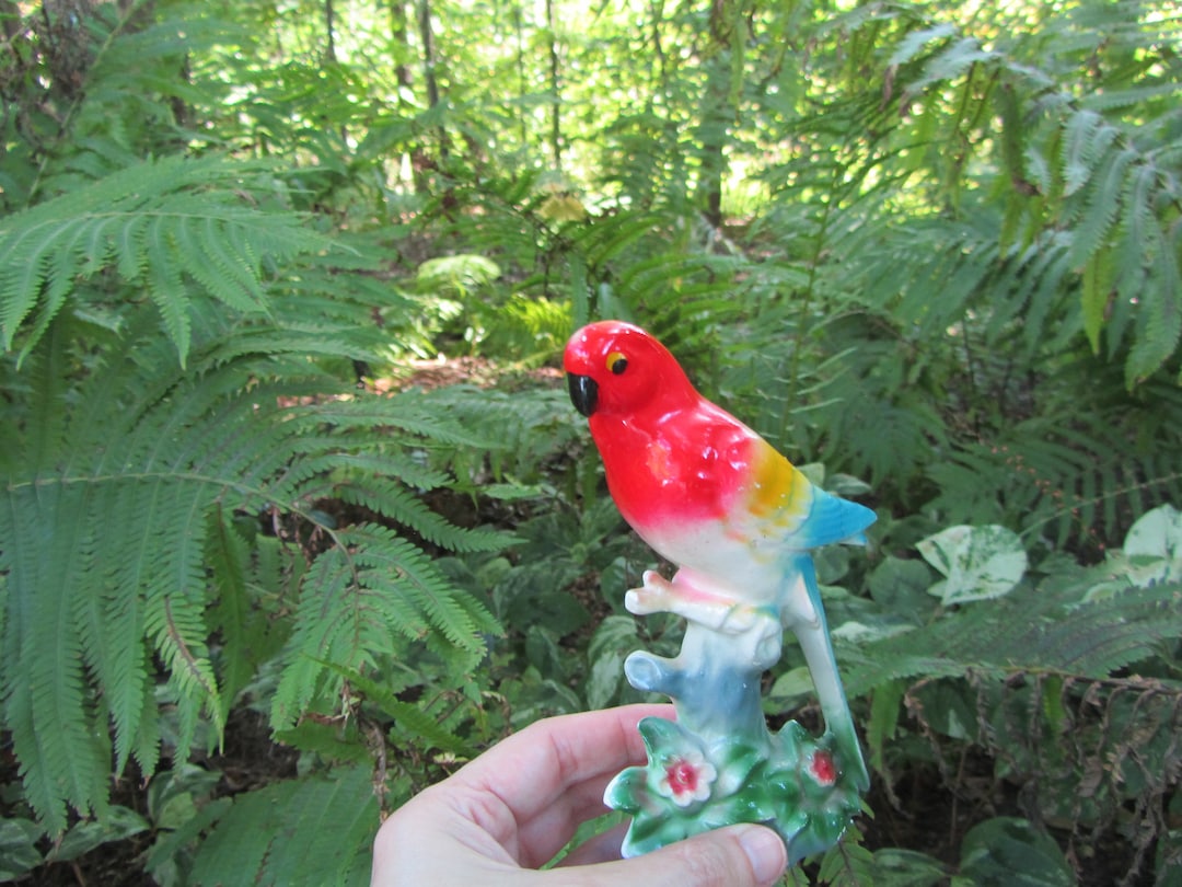 Vintage Parakeet Figurine Ceramic Red Head Bird on Flower Branch Japan ...