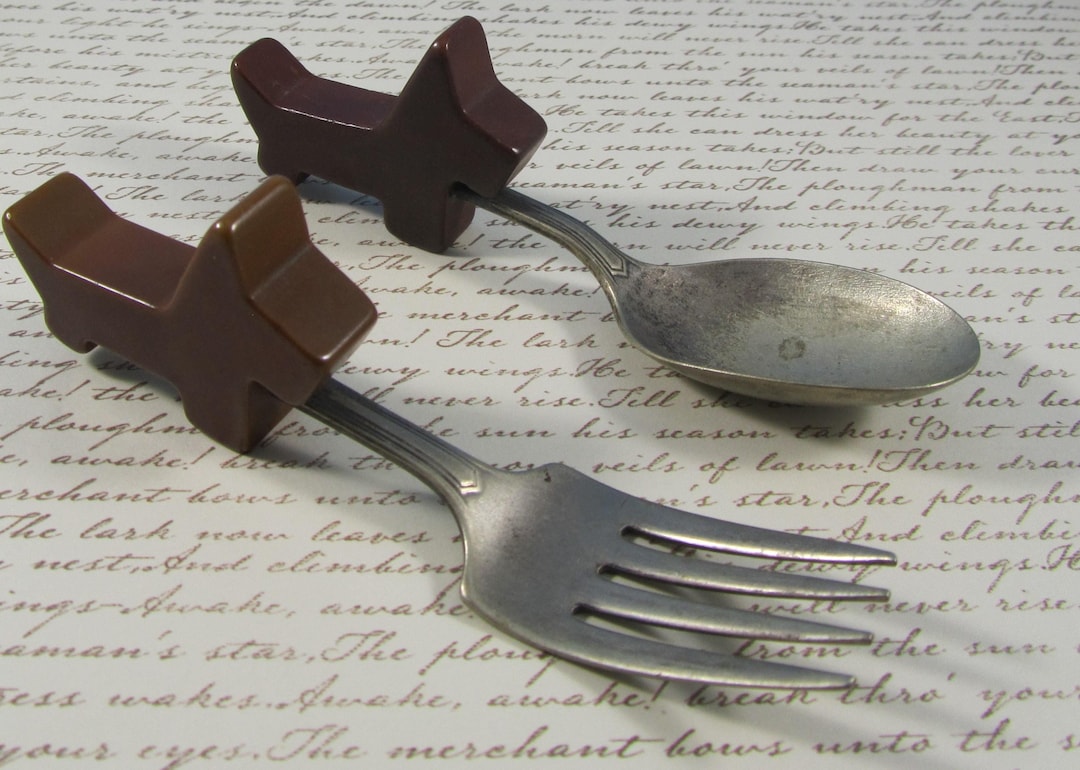 Scottie Dog Fork & Spoon Bakelite Handles Sterling Silver Baby Feeding ...