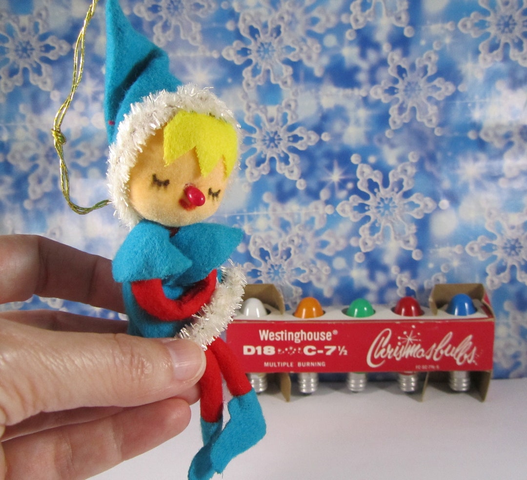 Vintage Felt Elf Ornament Sleepy Pixie Girl in Blue Christmas ...