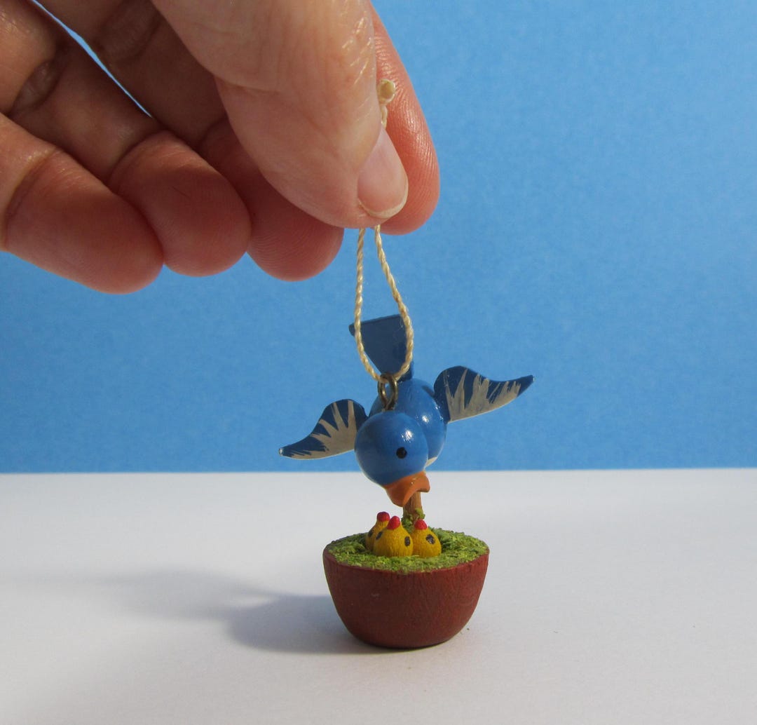 Miniature Wooden Bird Nest Ornament Bluebird & Baby Birds Whimsical ...