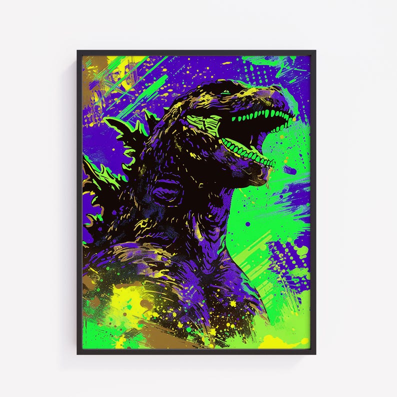 Godzilla Neon Pop Art Print: Vibrant Kaiju Monster Wall Decor - Etsy