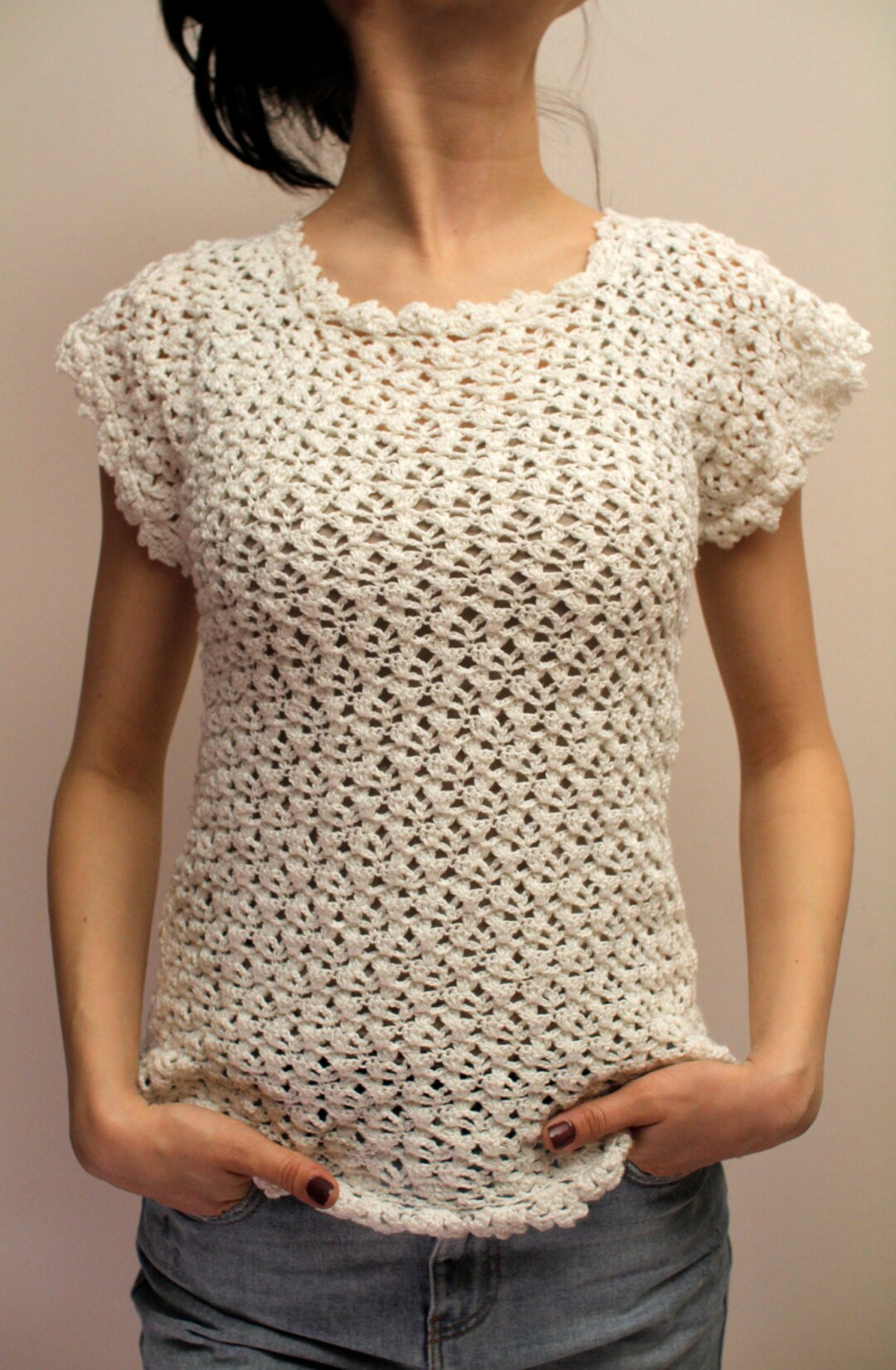 Vintage Beige Crochet Sweater Hand Made Crochet Flowers Eu36 - Etsy