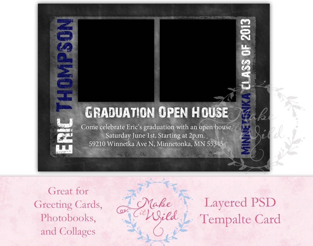 Chalkboard Graduation Card, Graduation Announcement, Photoshop Template ...