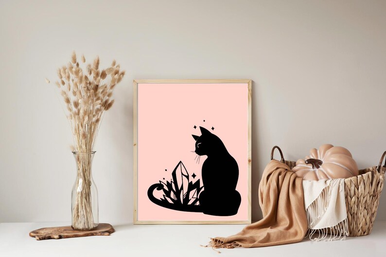 Magic Black Cat Crystal Quartz Printable Wall Art Decor Print, Simple ...