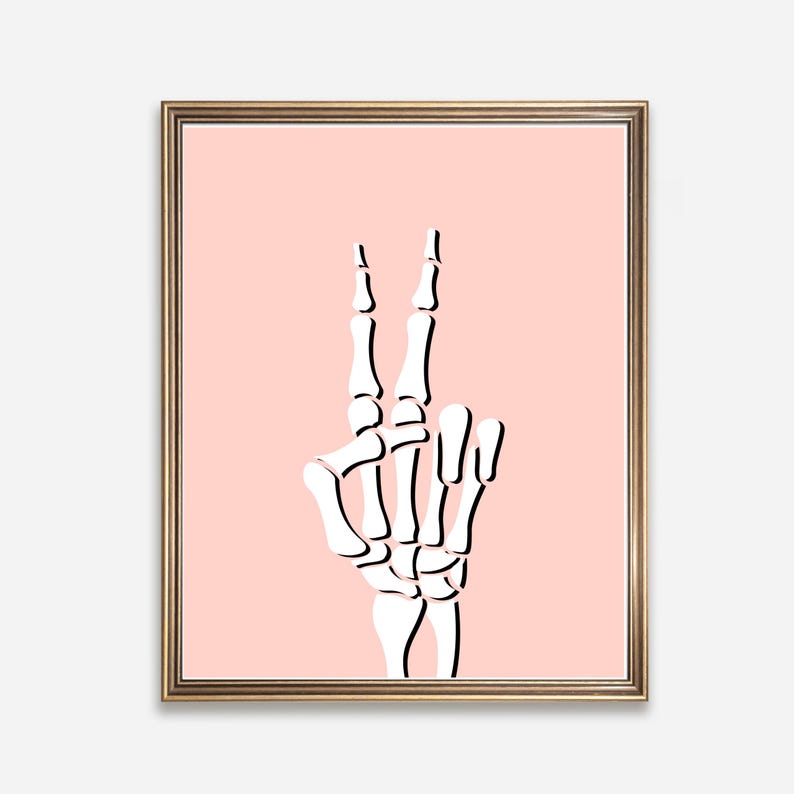 Minimal Halloween Print: Pink Skeleton Hand Peace Sign (digital ...